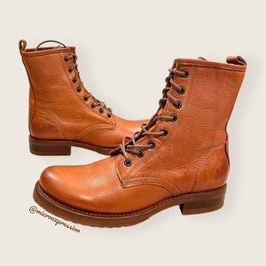 Frye | Shoes | 399 Frye Veronica Combat Cognac Leather Lace Up Moto ...